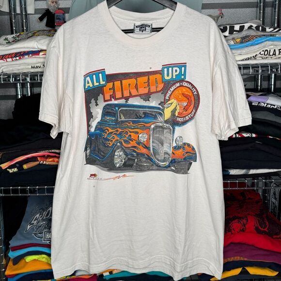 Lee | Shirts | Vintage 9s All Fired Up Car Show T Shirt L Hot Rod ...